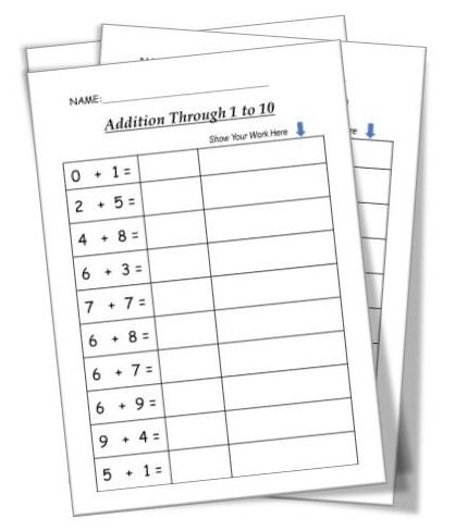 FREE educational printable worksheets for kids - addition through 1 to 10