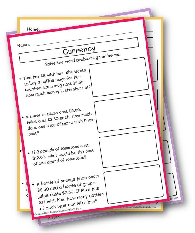Currency Word Problems for third grade to practice currency literacy