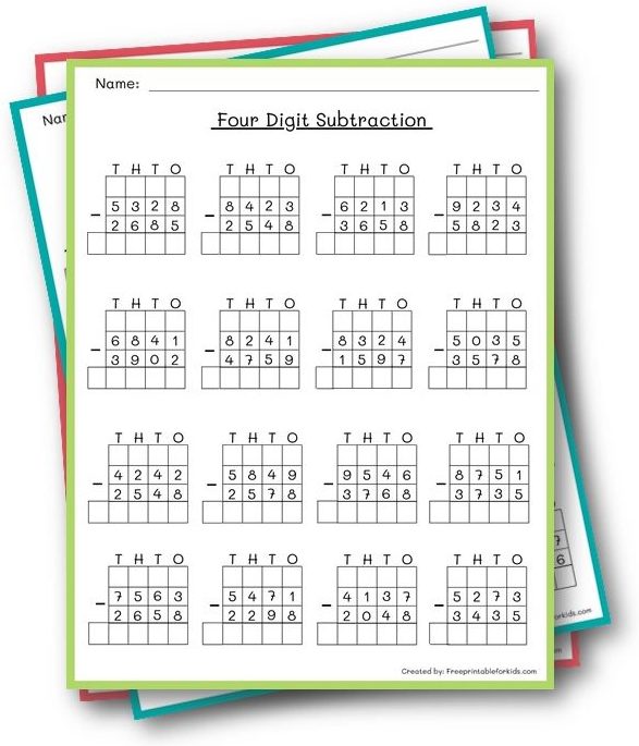 Four-Digit Subtraction worksheets for Fourth Grader to practice math.