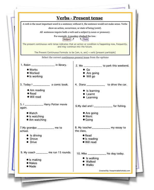 Continuous Present Tense practice sheets for Fourth Grade
